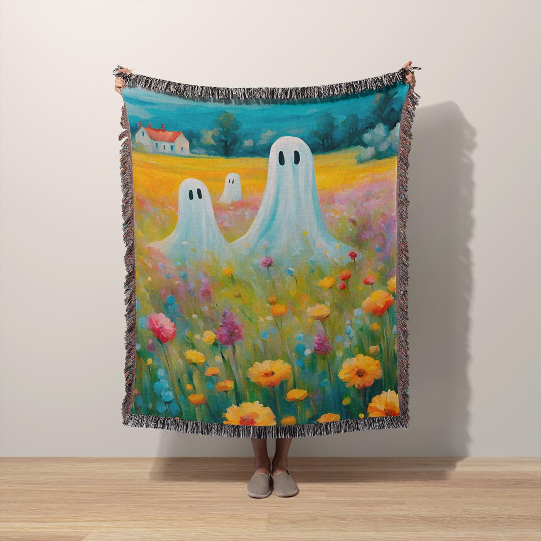 Ghost Throw Blanket, Floral Field Blanket, Jacquard Blanket With Ghosts ...