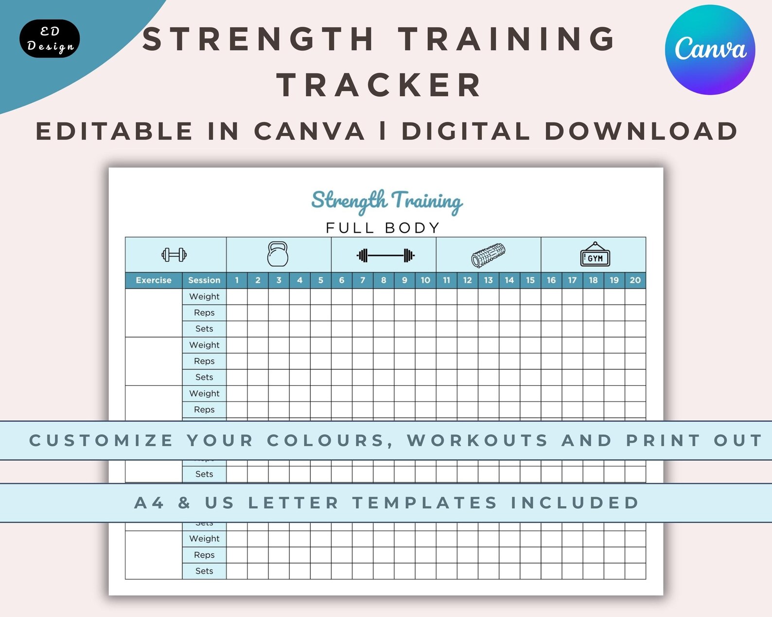 Strength Training Tracker Canva Template, Weight Lifting Tracker ...