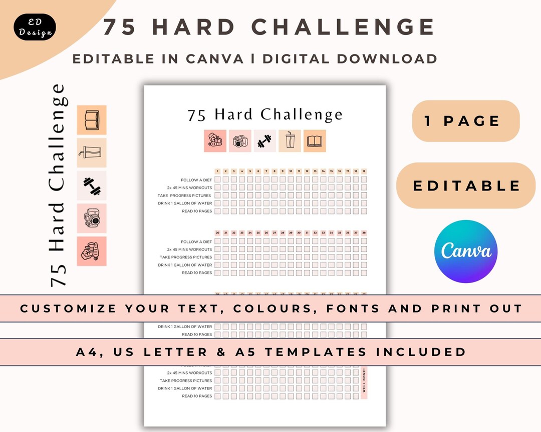 75 Hard Challenge Printable, 75 Hard Tracker Canva Template Editable ...