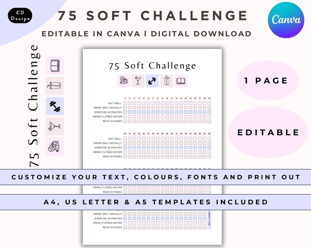 75 Soft Challenge Printable, 75 Soft Challenge Canva Template Editable ...
