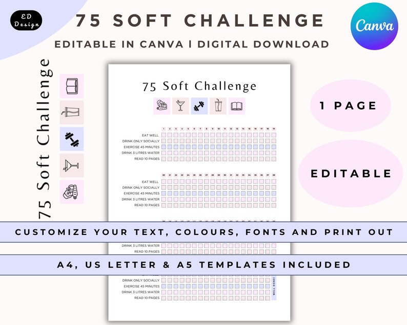 75 Soft Challenge Printable, 75 Soft Challenge Canva Template Editable ...