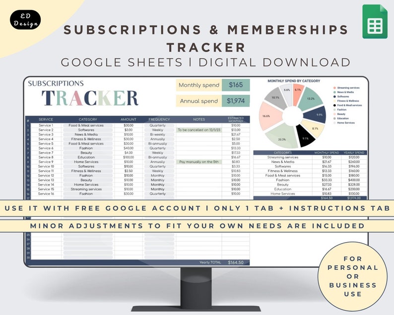 Subscriptions Tracker Google Sheet, Membership Tracker, Cost Template ...