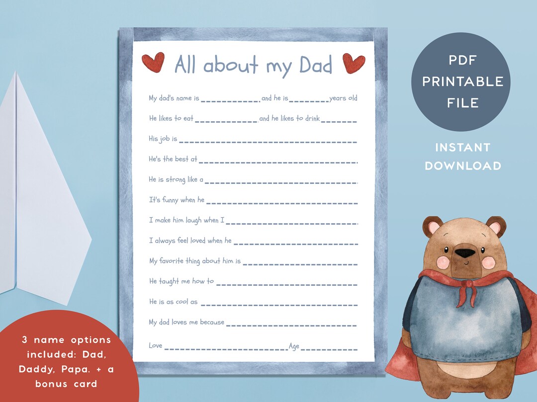All About My Dad Printable, Father's Day Questionnaire, Personalized ...