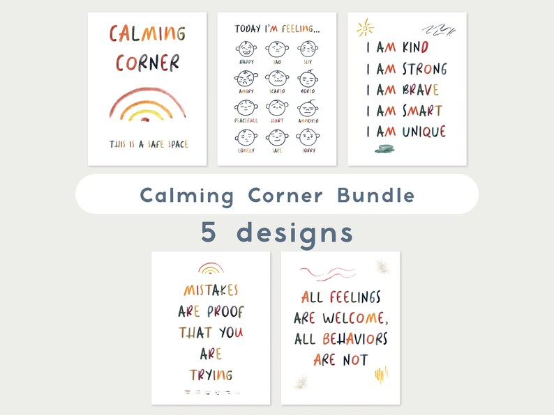 Calming Corner Printables: Kids Feelings Chart, Affirmations (set of 5 ...