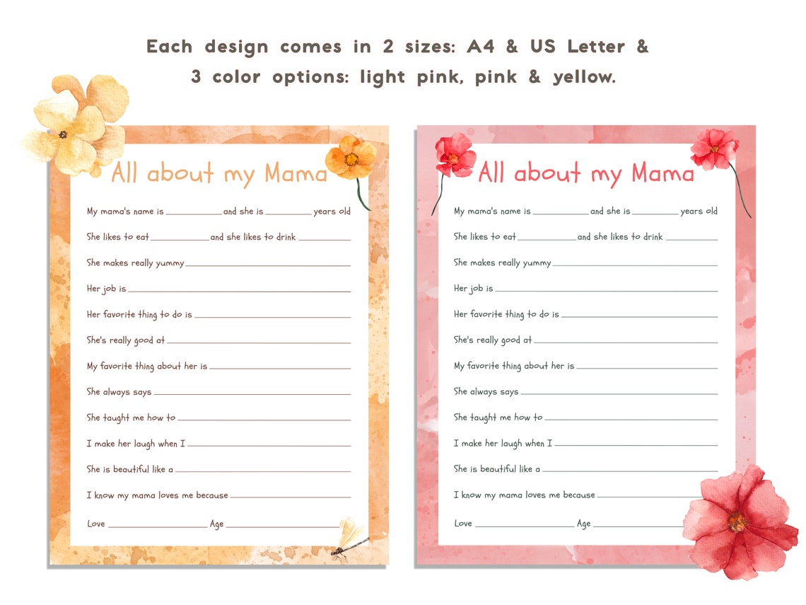 Mother's Day Printable Questionnaire: All About My Mom + Bonus Card ...