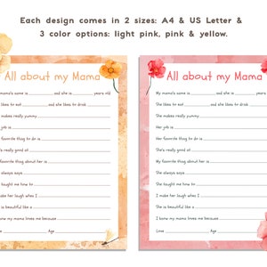 Mother's Day Printable Questionnaire: All About My Mom + Bonus Card ...