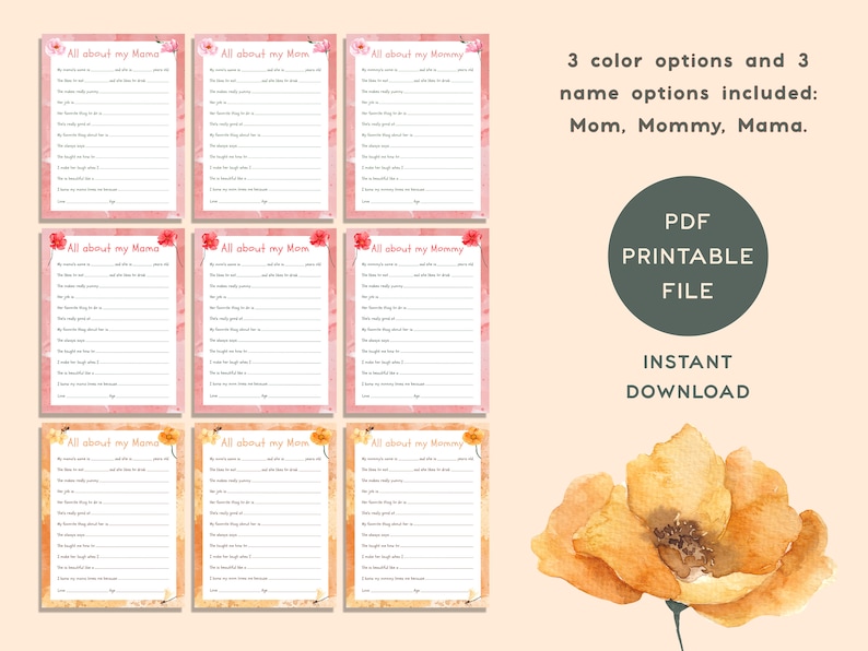 Mother's Day Printable Questionnaire: All About My Mom + Bonus Card ...