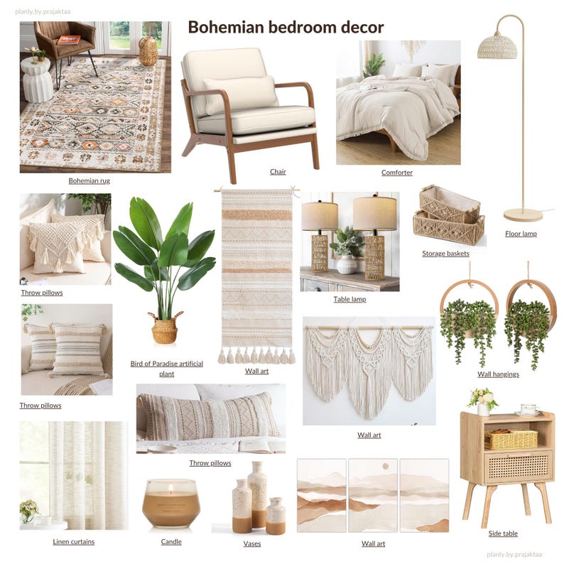 Boho Bedroom Moodboard Decor and Shopping List | Bohemian Bedroom ...