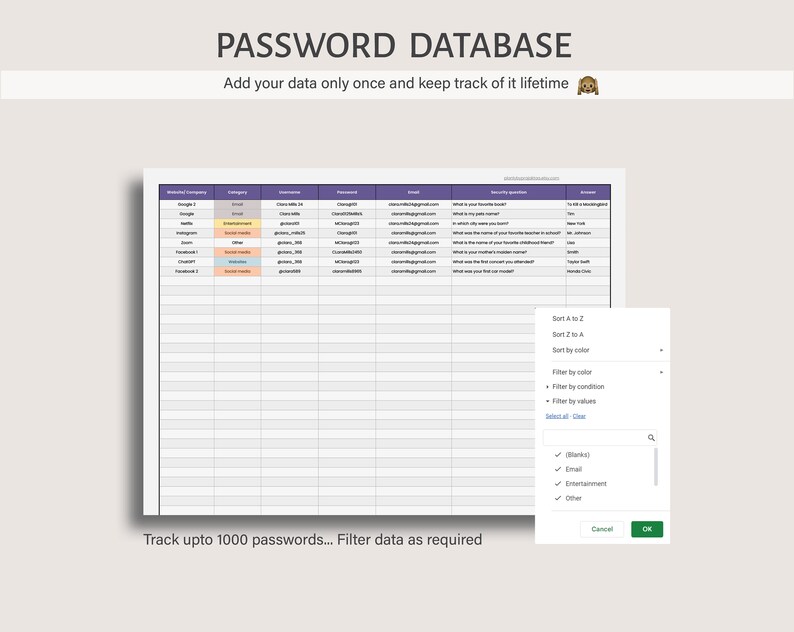Google Sheets Password Tracker Google Sheets | Digital Password Log ...