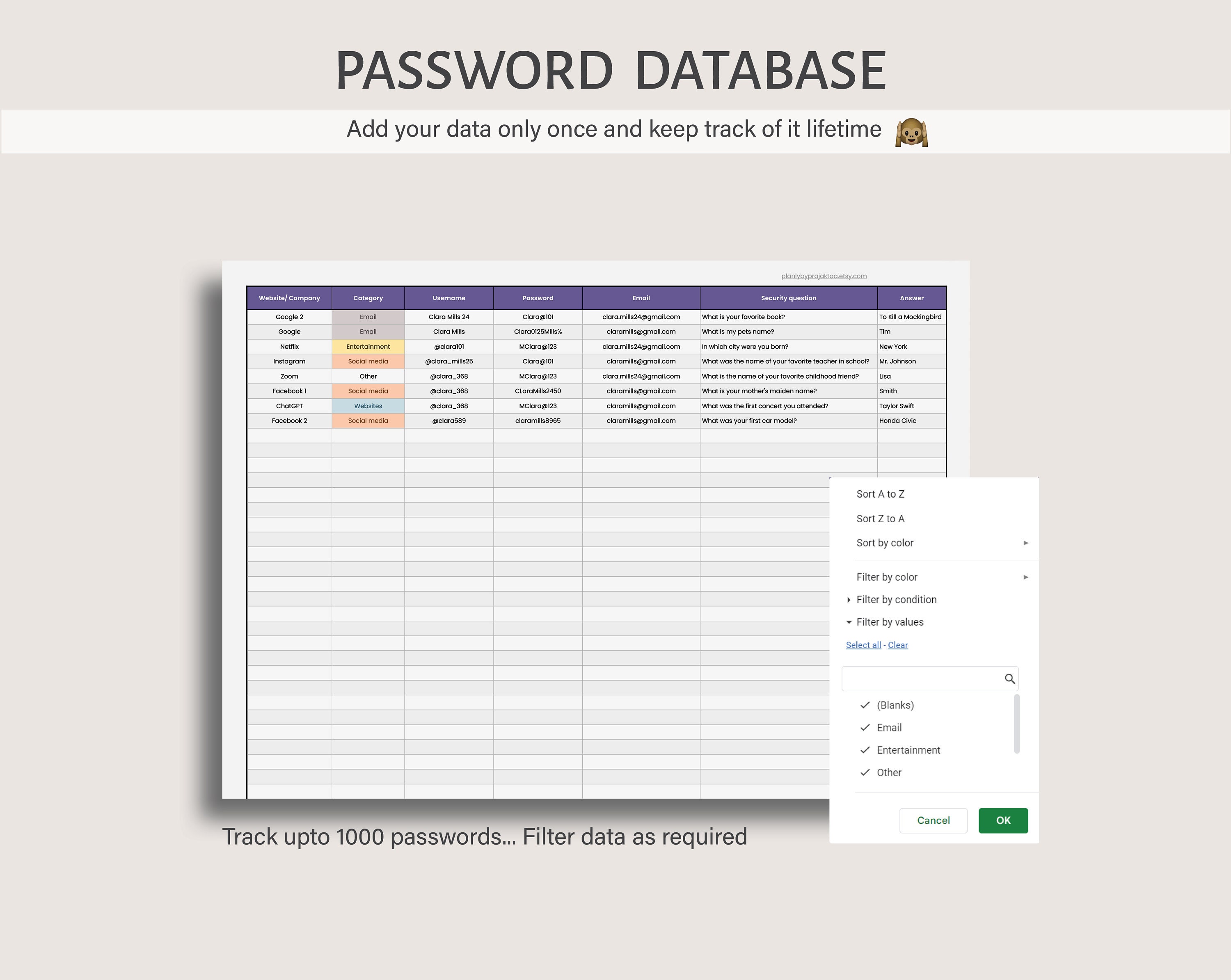 Google Sheets Password Tracker Google Sheets | Digital Password Log ...