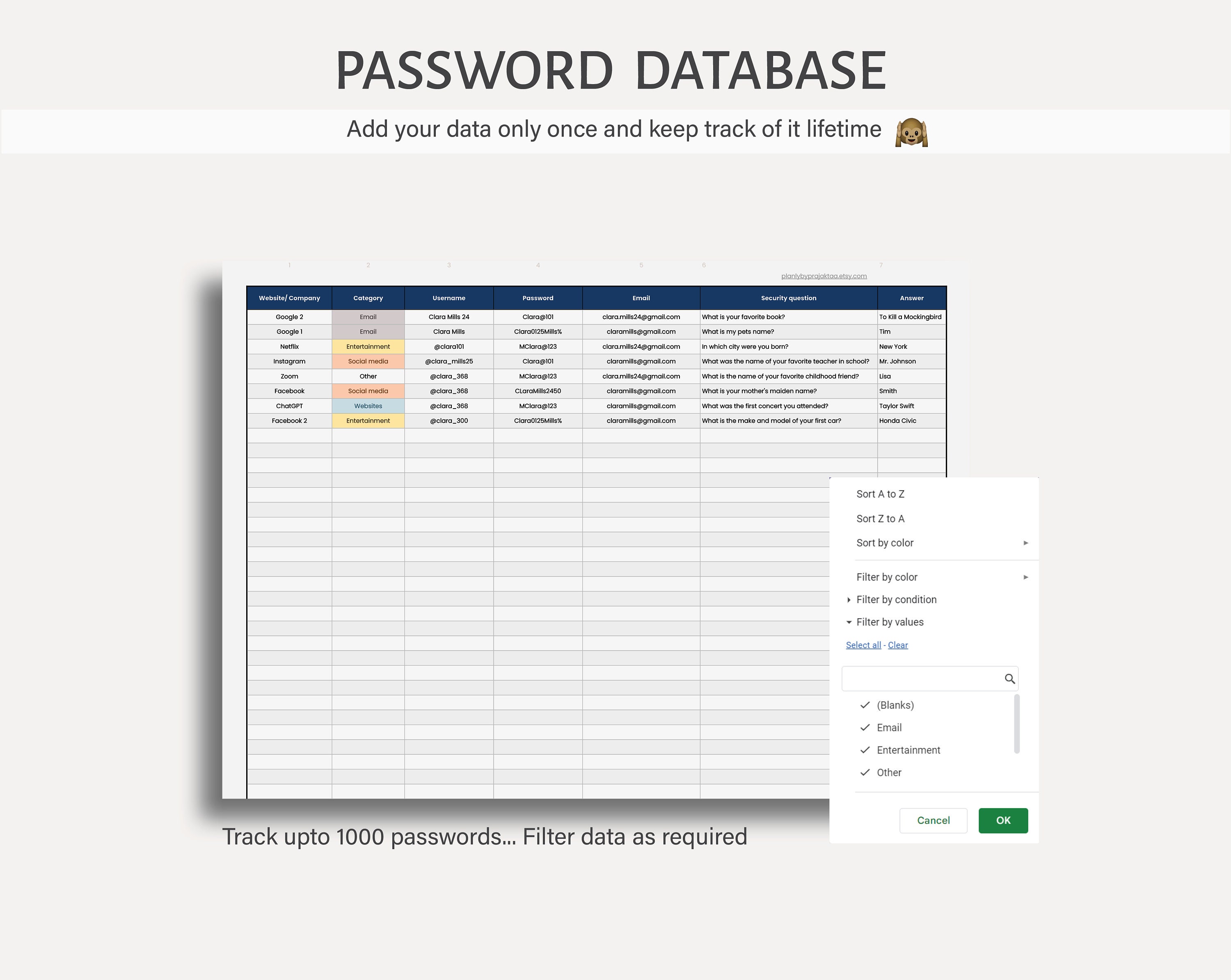 Google Sheets Password Tracker Google Sheets | Digital Password Log ...