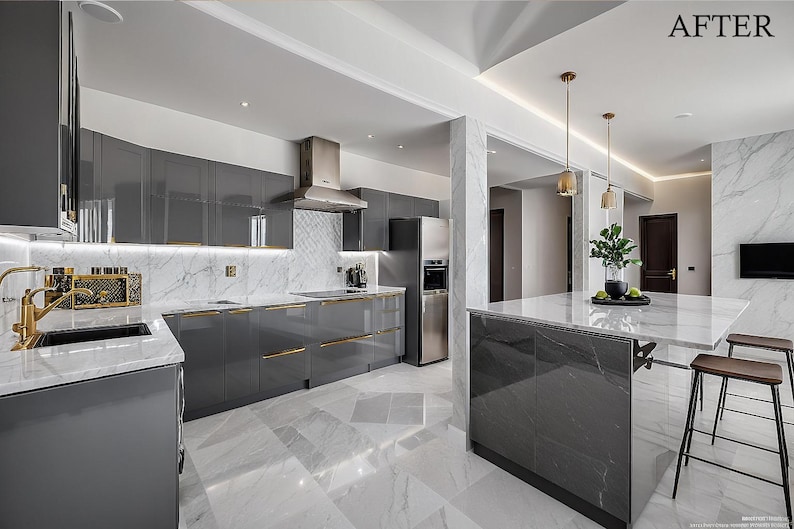 Grey Kitchen Luxury Kitchen 3d Rendering Minimalist Kitchen Remodel ...