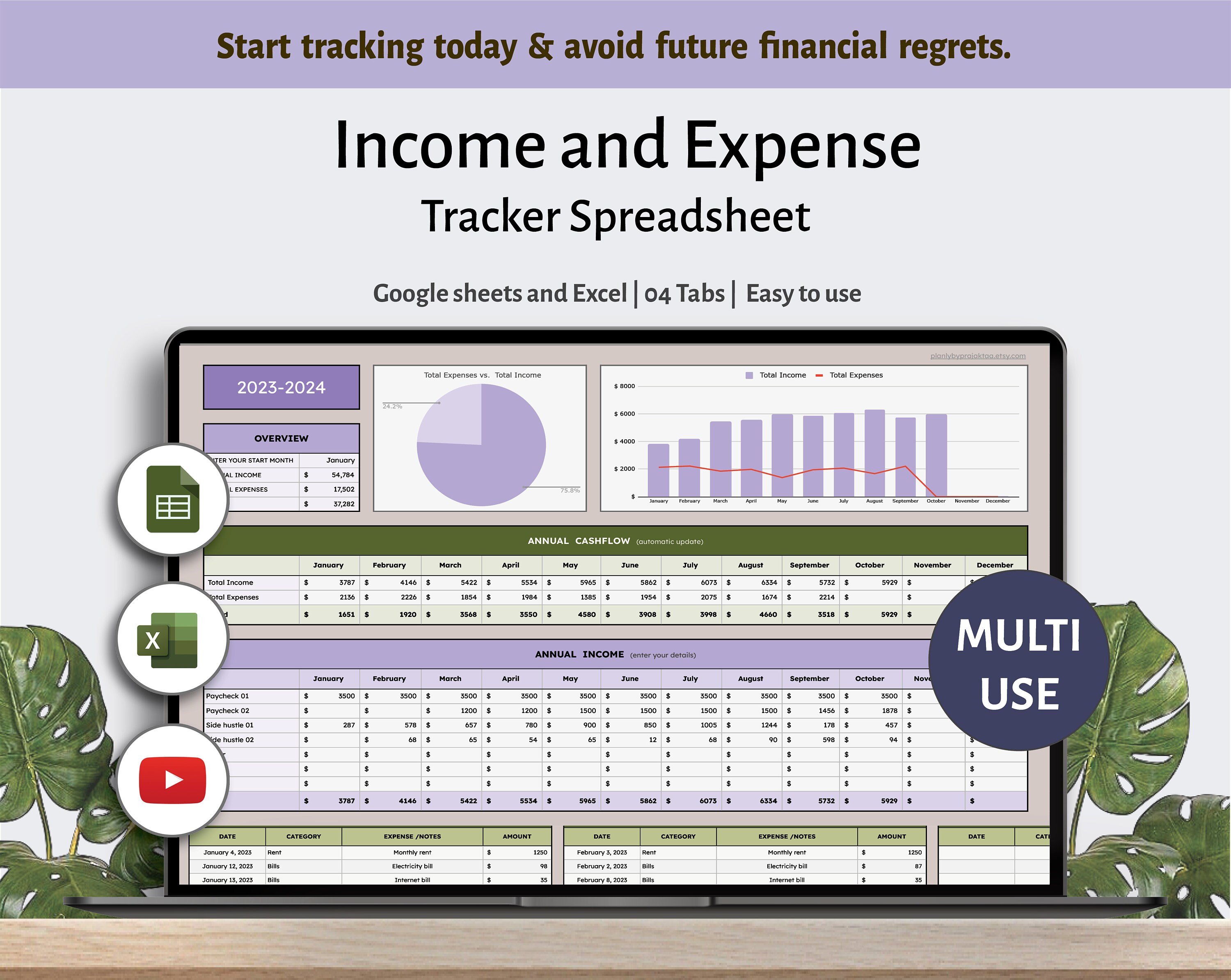 Income and Expense Tracker Google Sheets Expense Tracker Spreadsheet ...