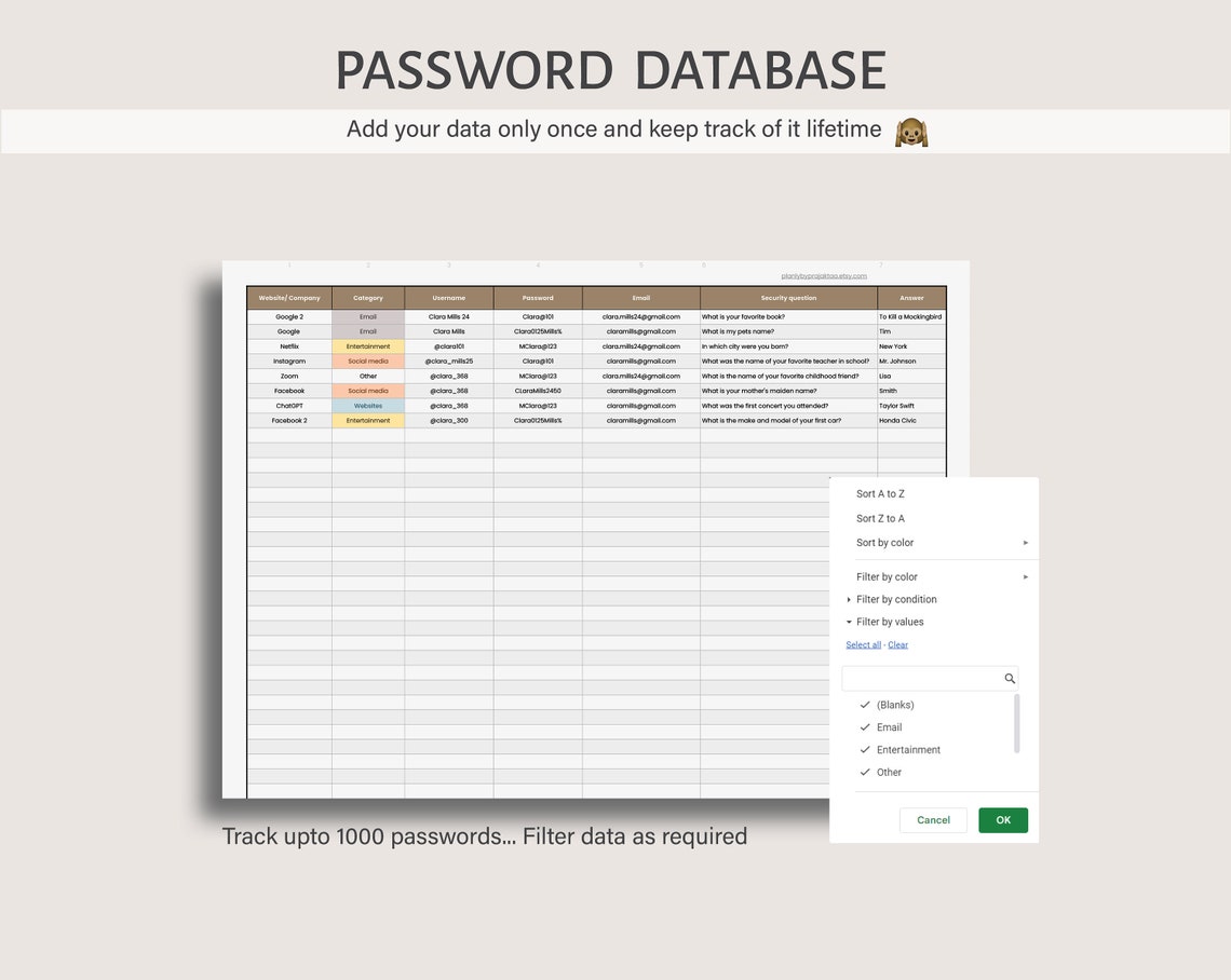 Google Sheets Password Tracker Google Sheets Digital Password Log Excel ...