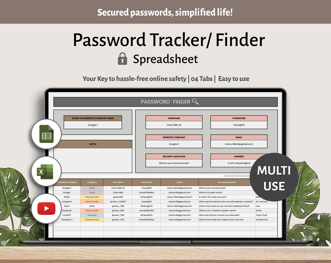 Google Sheets Password Tracker Google Sheets | Digital Password Log ...