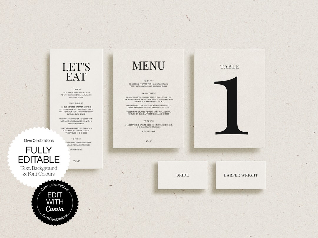 Minimalist Wedding Table Stationery: Editable Menu, Place Card & Table ...