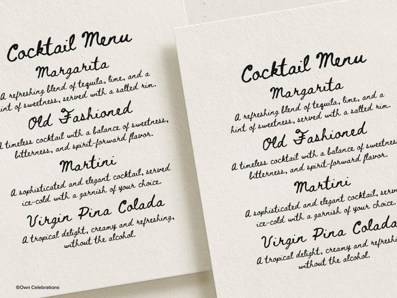 Handwritten Cocktail Menu, Bar Menu Template, Signature Drink Menu ...