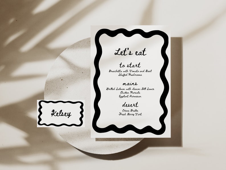 Wavy Menu and Place Card Template: Editable Squiggle Border (digital ...