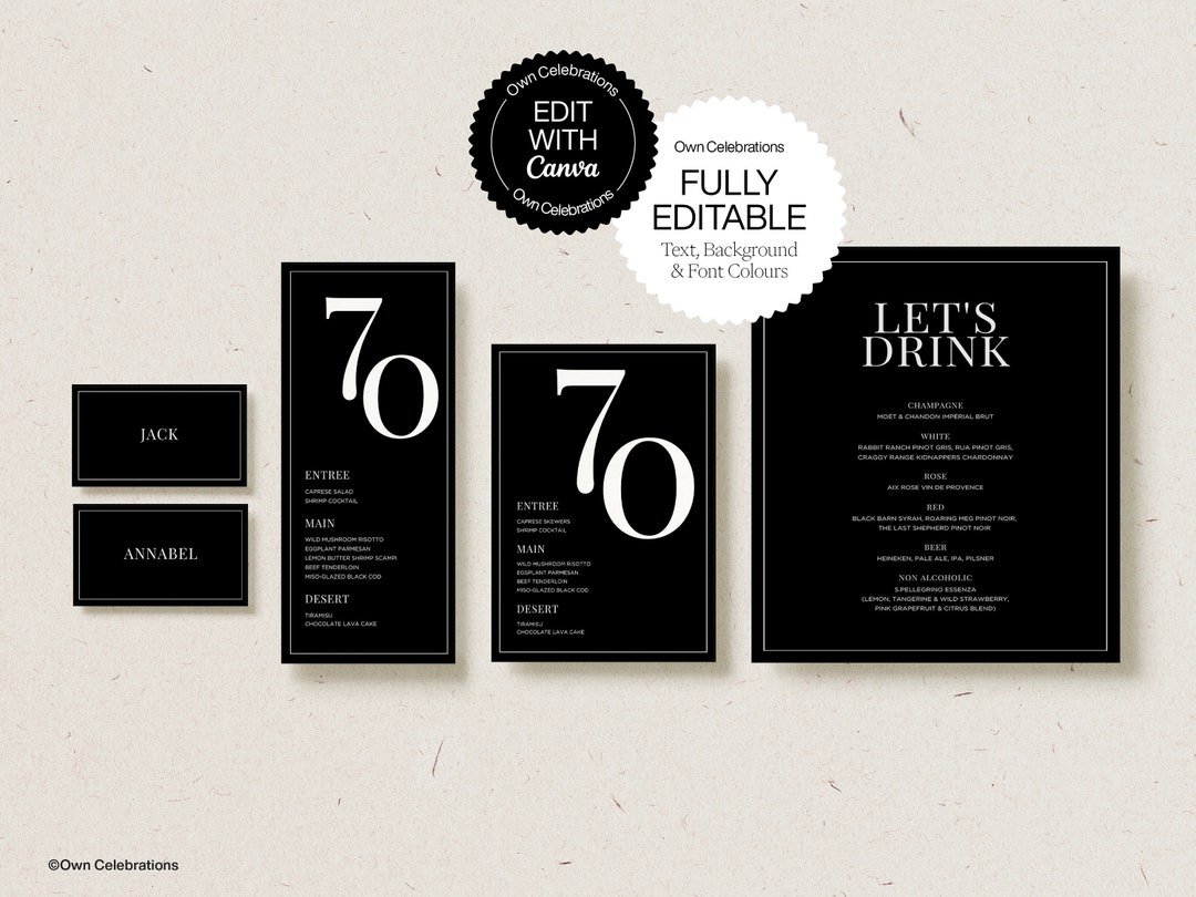 70th Birthday Menu Template: Black & White Decor (instant Download) - Etsy