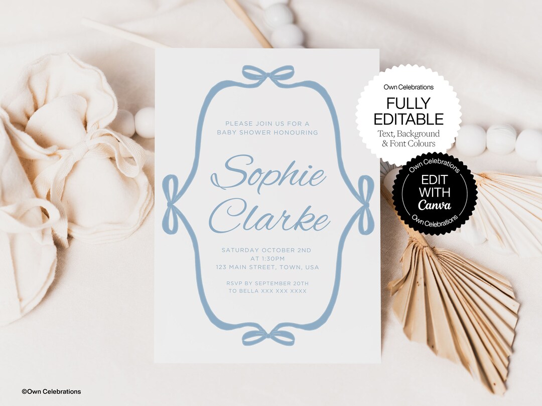 Blue Bow Invitation for Baby Boy Shower, Baby Shower Boy With Bow ...