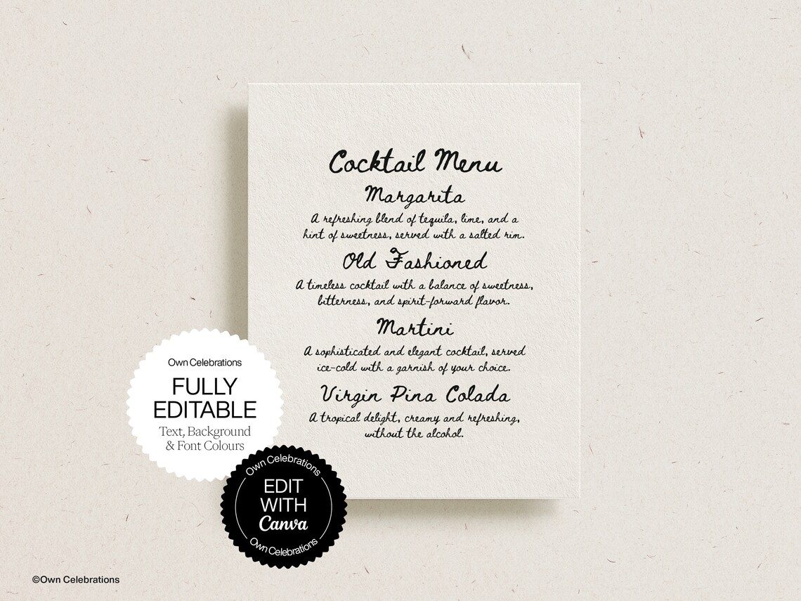 Handwritten Wedding Cocktail Menu Template: Editable Bar Sign (8x10 ...