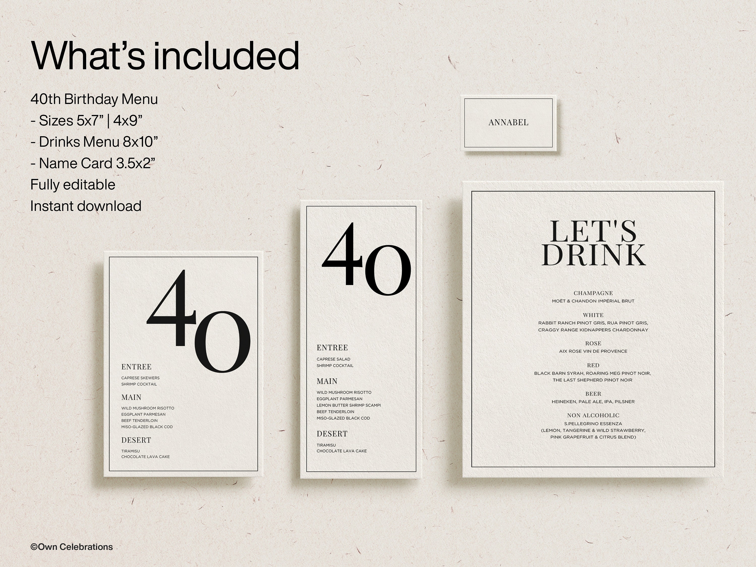 40th Birthday Menu Template: Black and White Edible Decor (instant ...