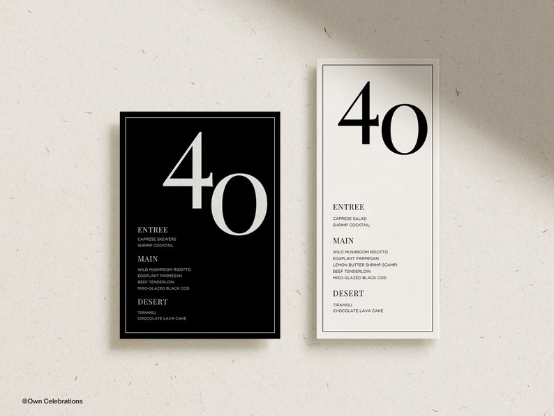 40th Birthday Menu Template: Black and White Edible Decor (instant ...