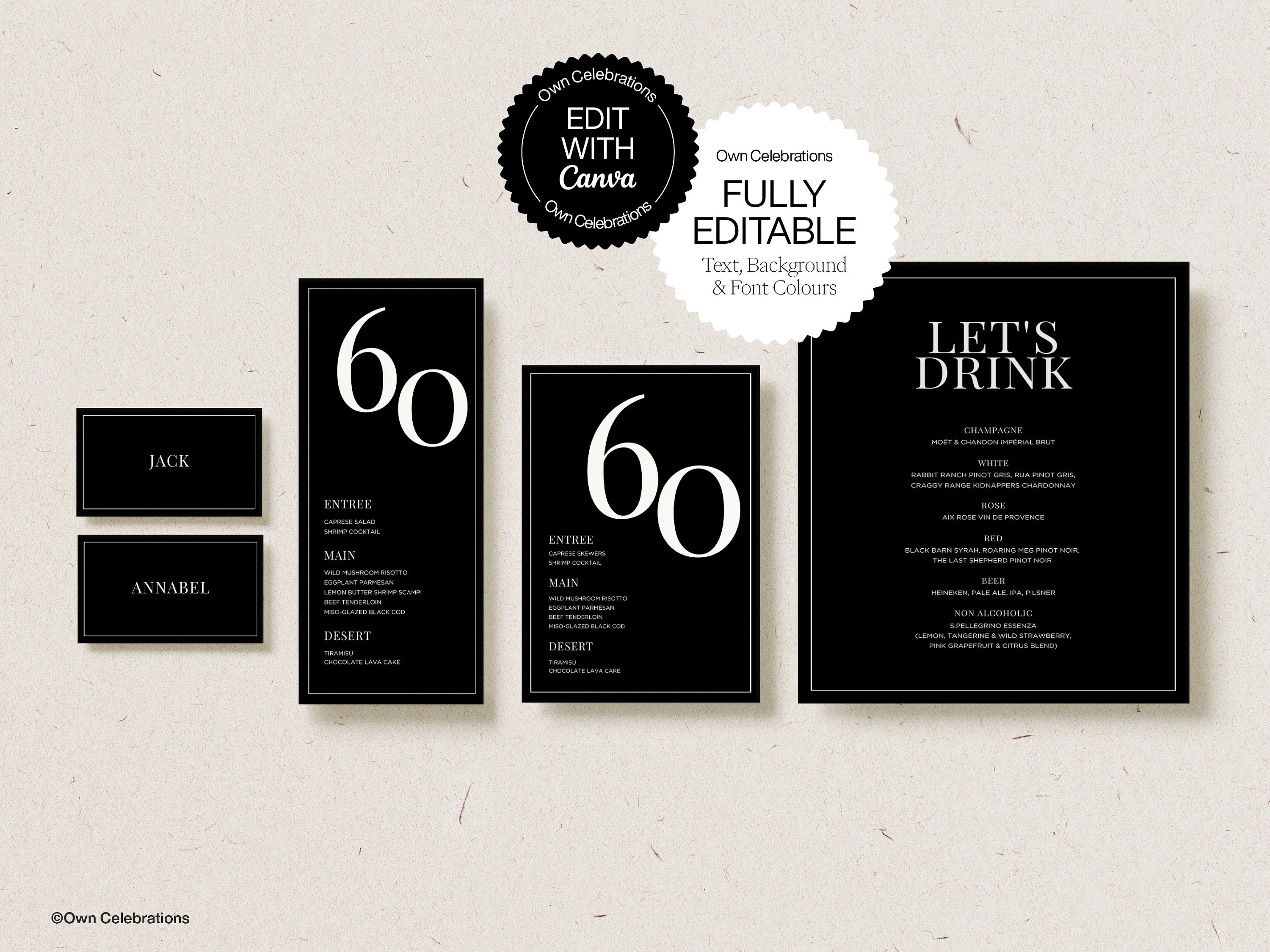 60th Birthday Menu Template: Black and White Decor (digital Download ...