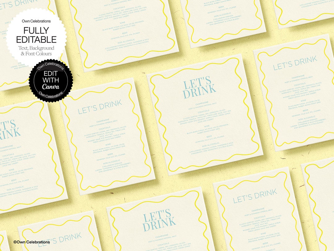Wavy Yellow Drinks Menu - Bar & Drinks Menu Template, Wedding Bridal ...