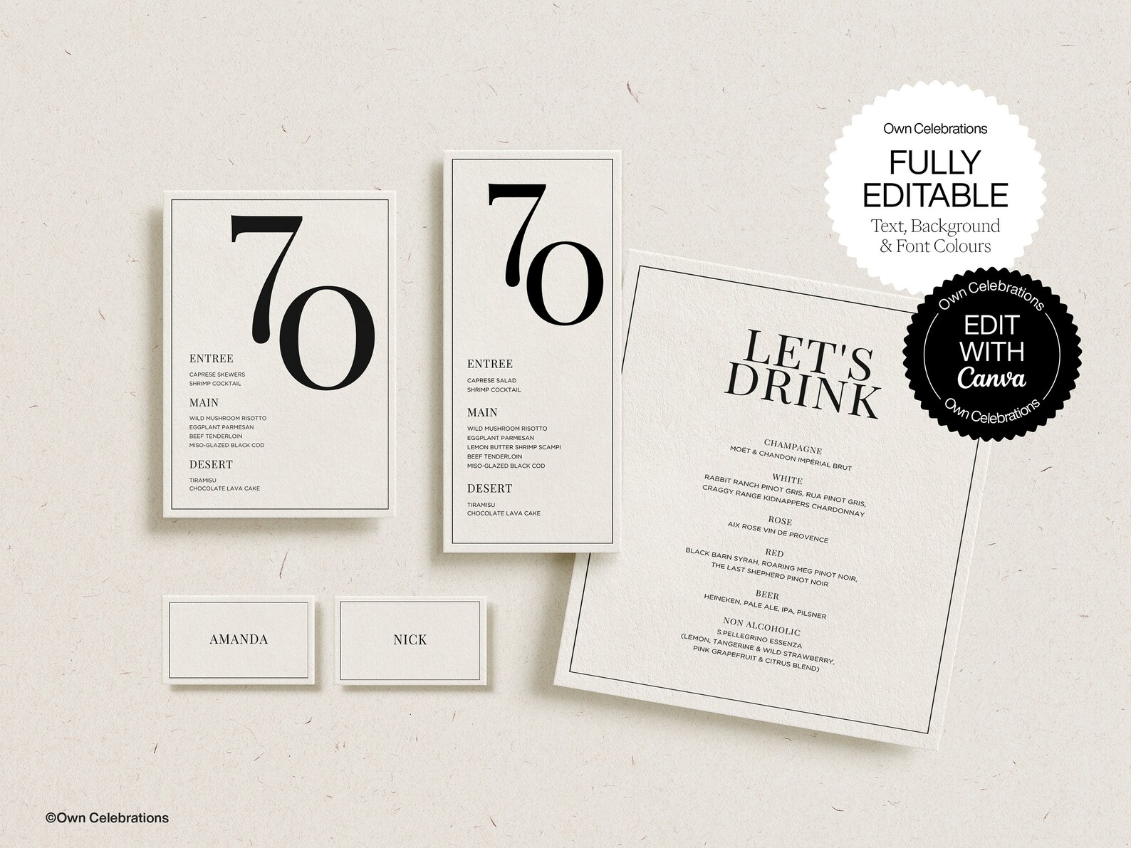 70th Birthday Menu Set: Minimalist Black and White Decor (instant ...