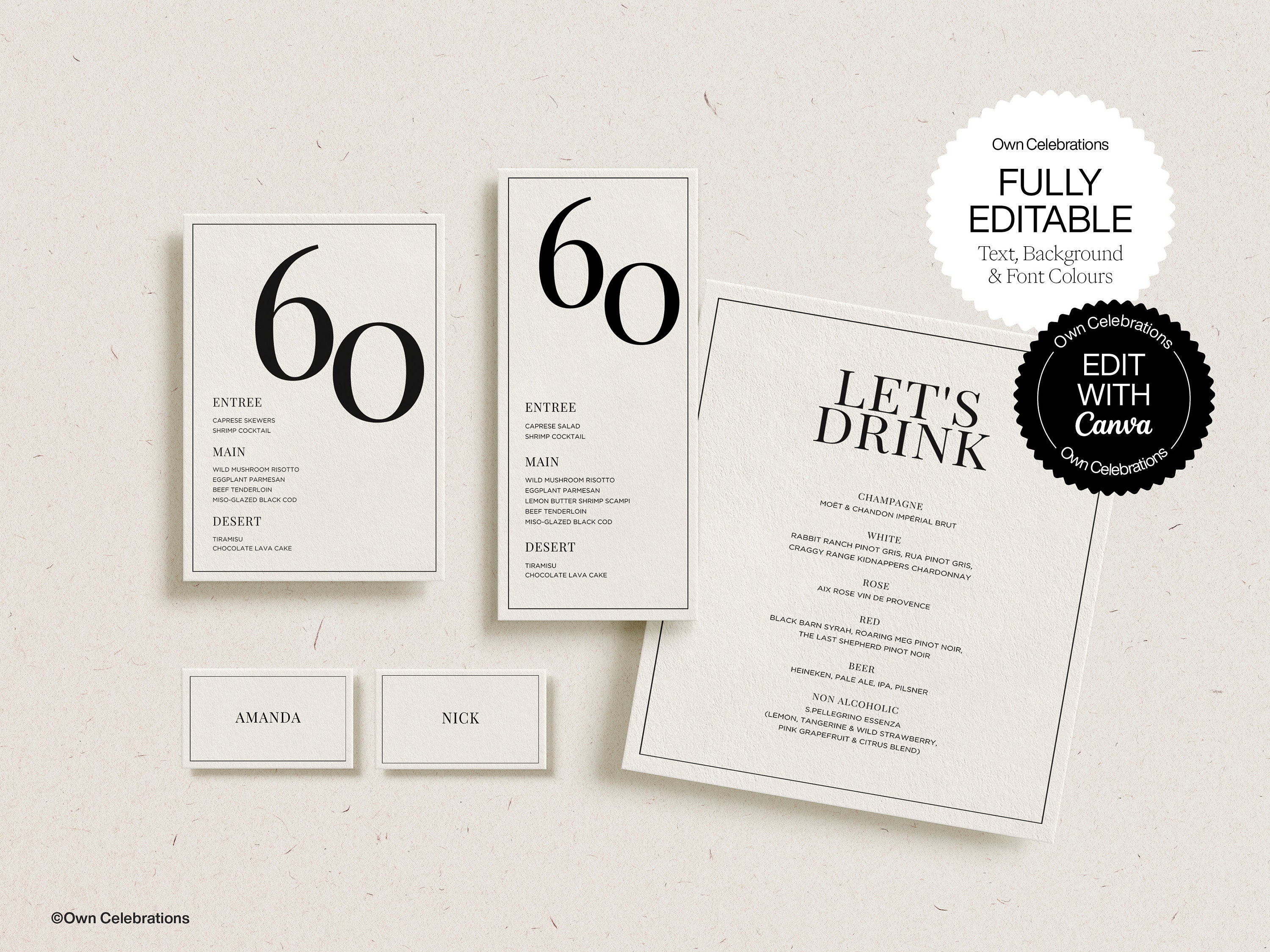 60th Birthday Menu Template: Black and White Decor (digital Download ...