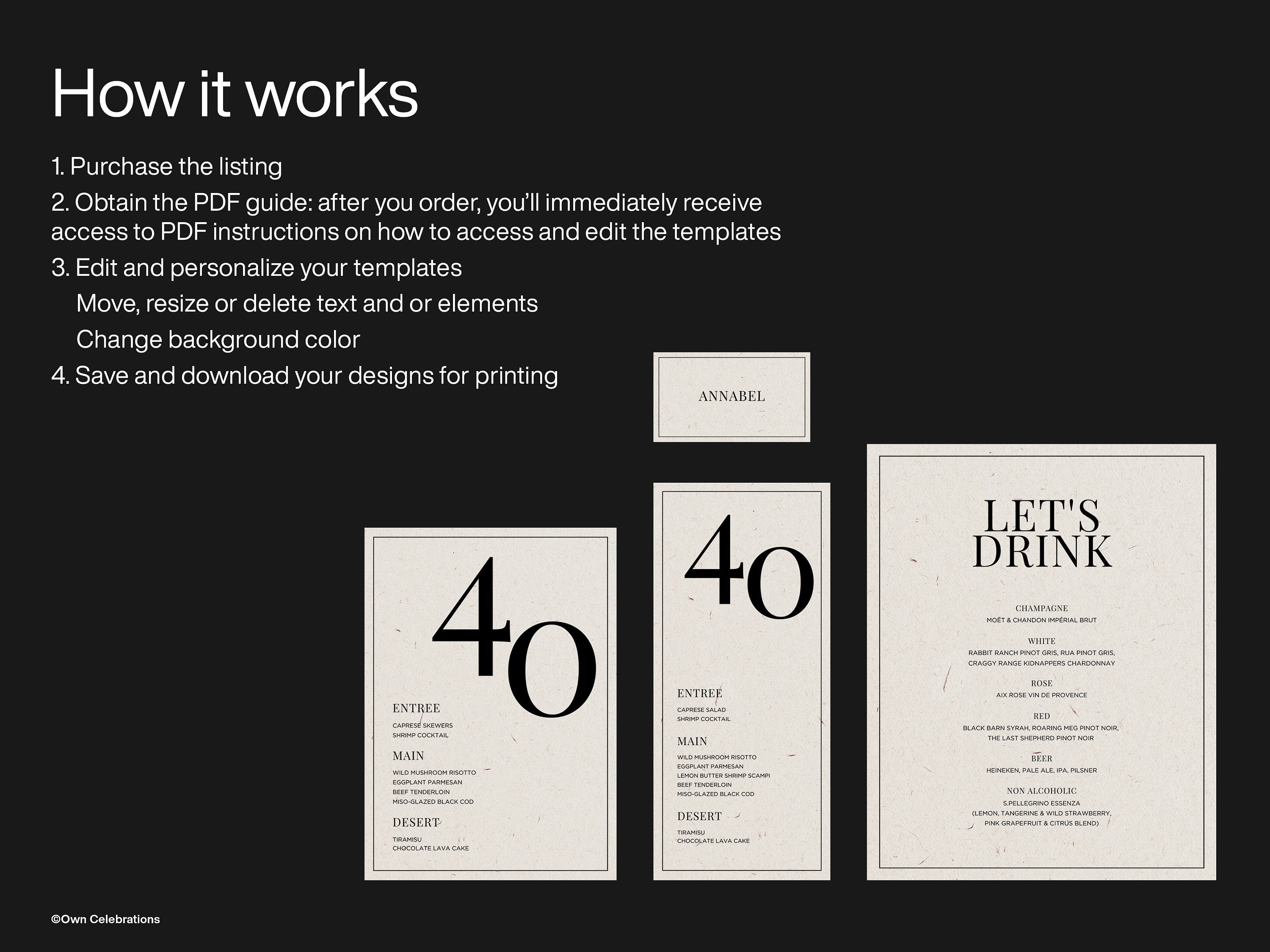 40th Birthday Menu Template: Black and White Edible Decor (instant ...