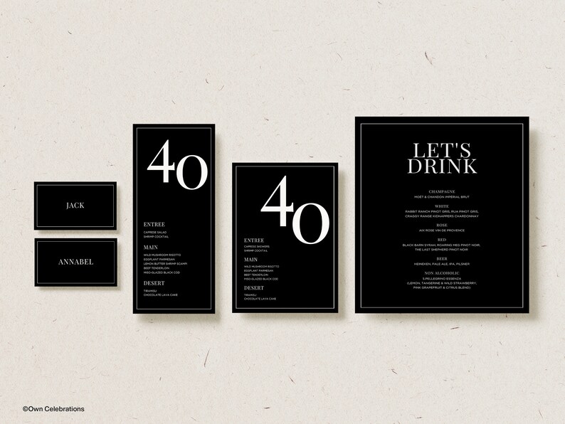 40th Birthday Menu Template: Black and White Edible Decor (instant ...