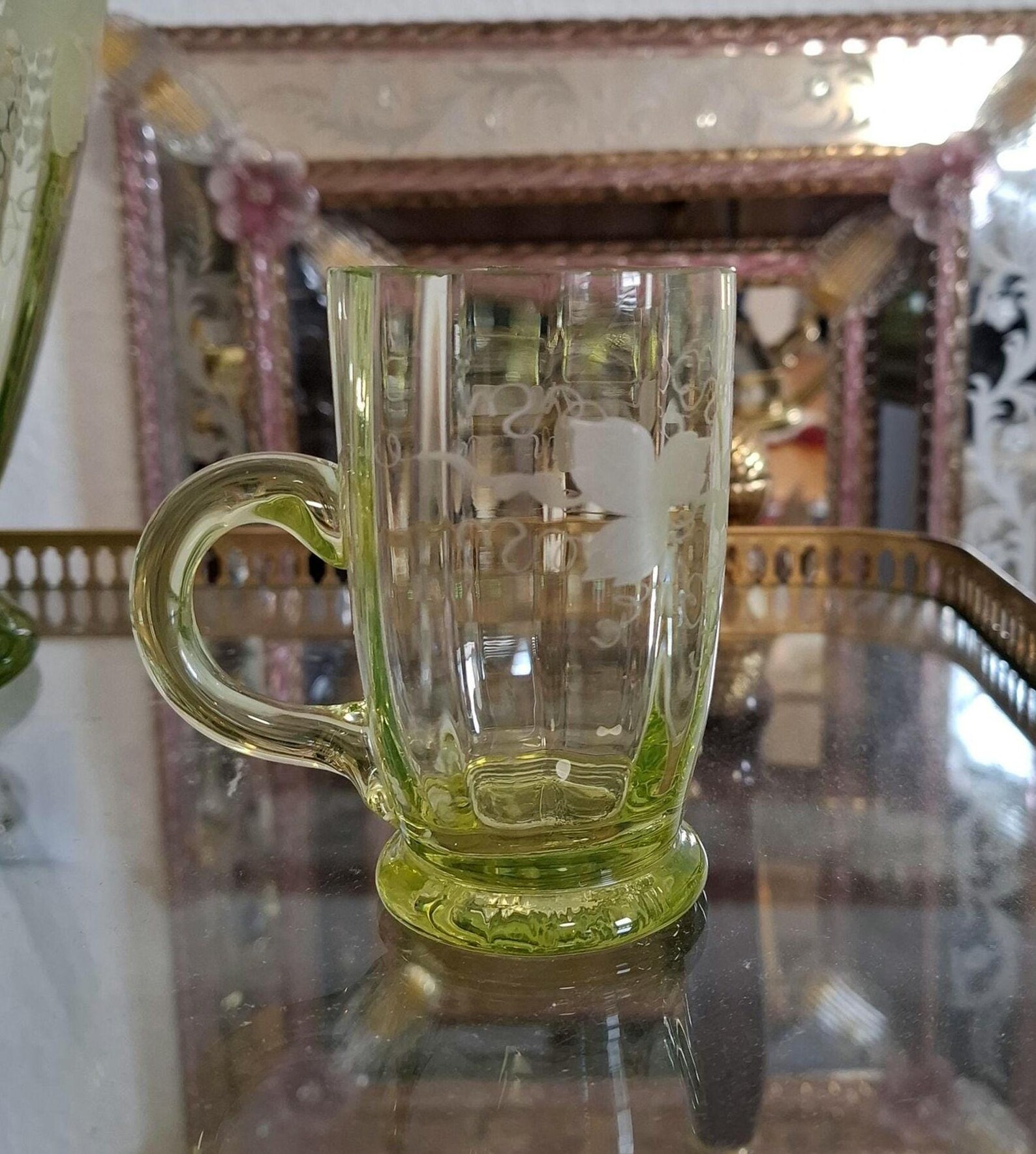 Antique Uranium Vaseline Glass Beverage Urn With Mugs – Etched Grape ...