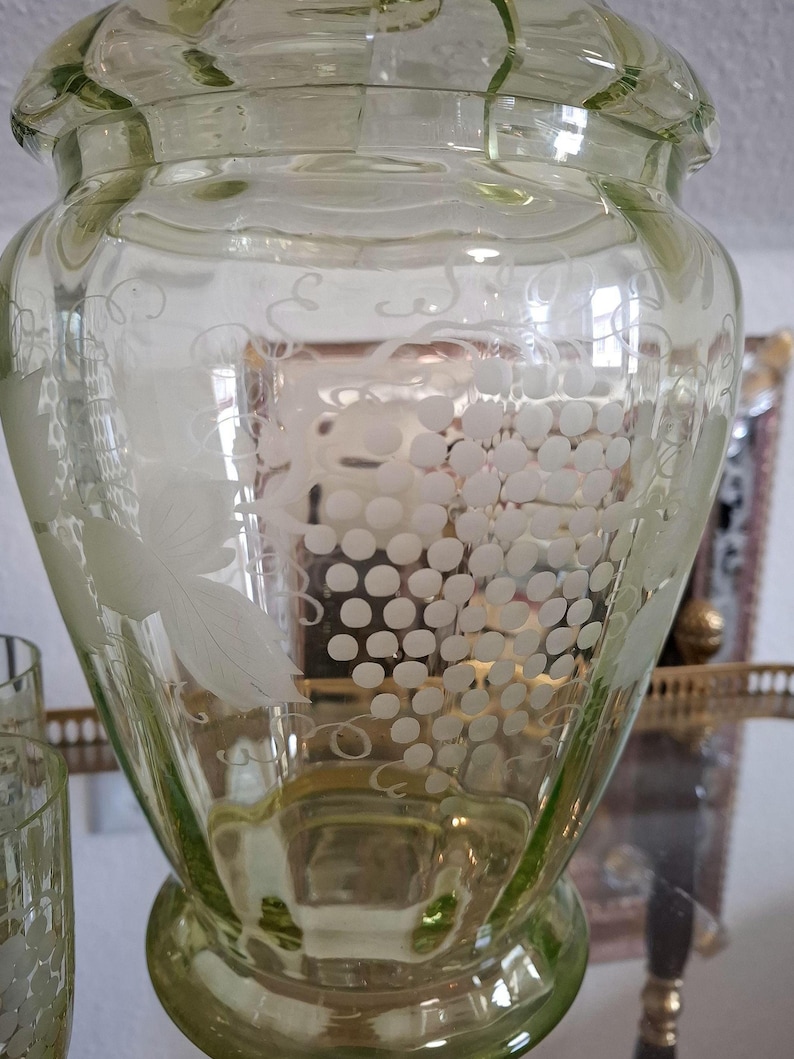 Antique Uranium Vaseline Glass Beverage Urn With Mugs – Etched Grape ...