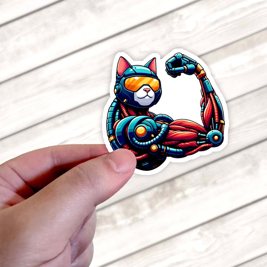 Muscle Robot Cat Glossy Laminated Waterproof Sticker for Laptop, Water ...