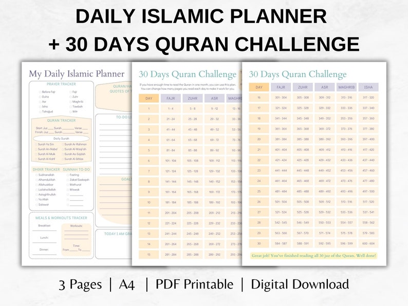 DAILY ISLAMIC PLANNER Printable, Quran Challenge Schedule, Muslim ...