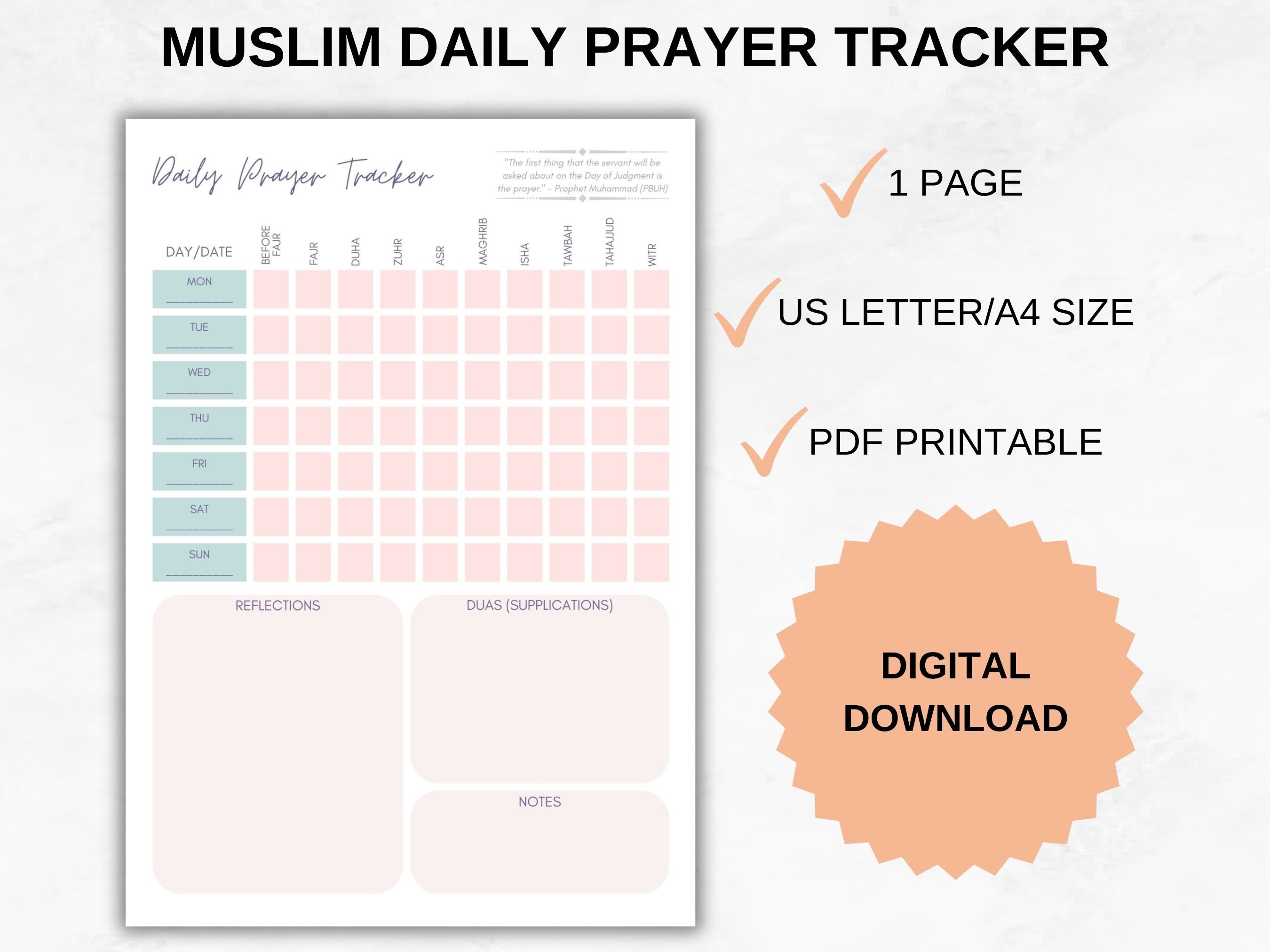 Muslim Daily Prayer Tracker Printable, Salah Tracker, Muslim Prayer ...