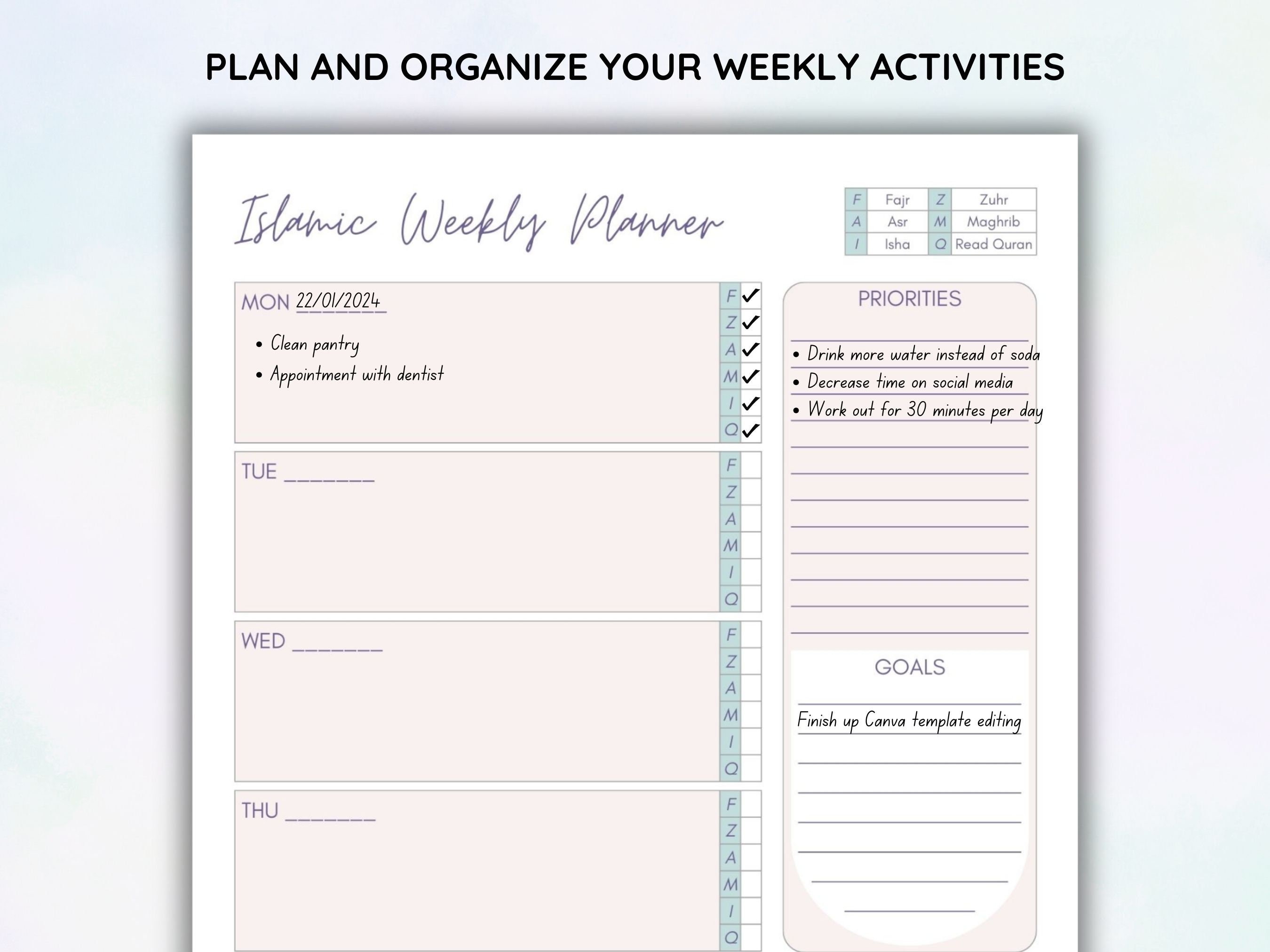 Islamic Weekly Planner Printable, Prayer Tracker, Weekly Quran Tracker ...