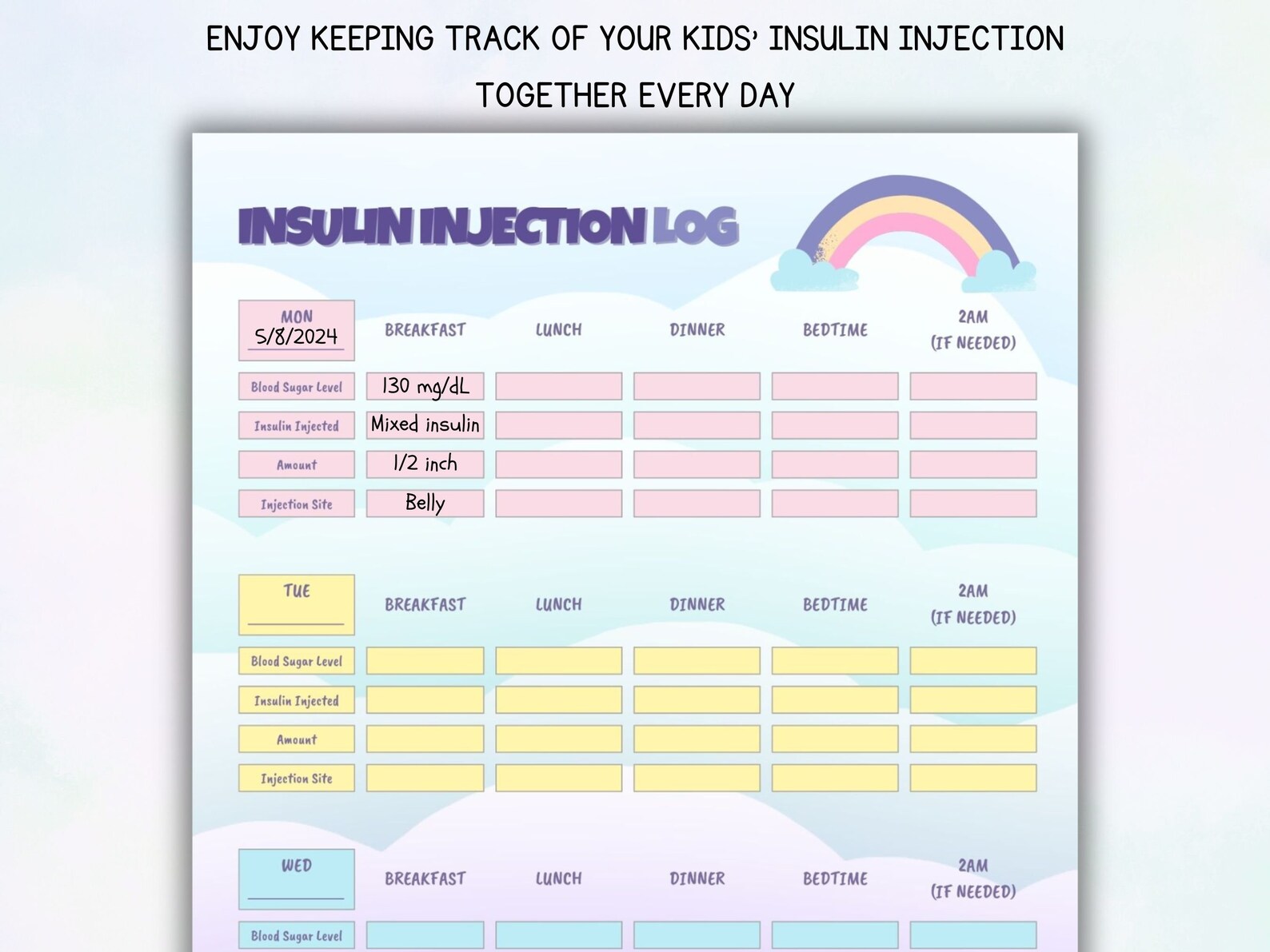 Insulin Injection Log for Kids Printable, Children Blood Sugar Log ...