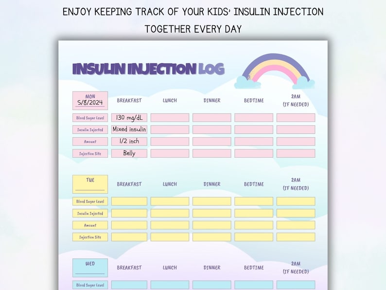 Insulin Injection Log for Kids Printable, Children Blood Sugar Log ...