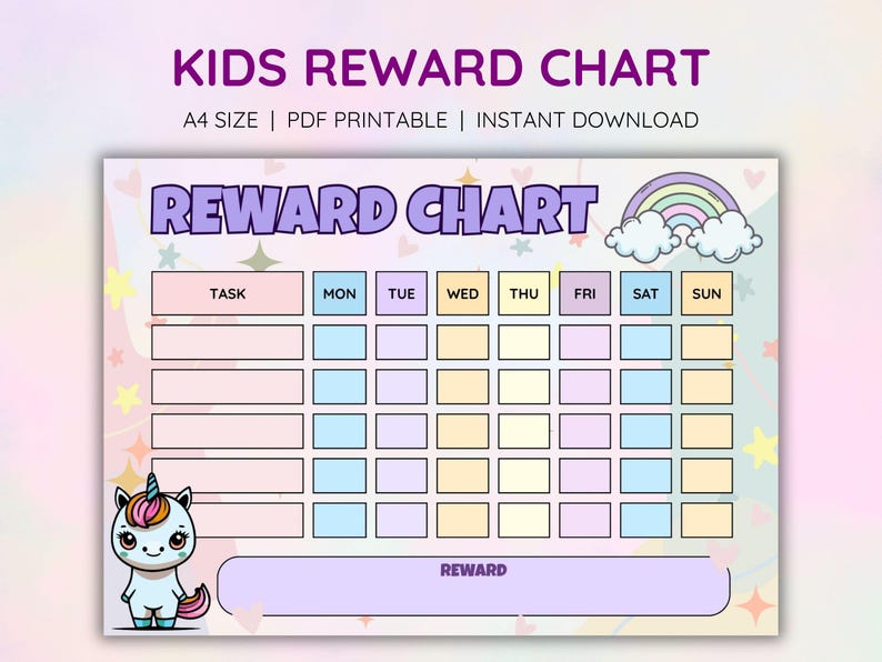Unicorn Kids Reward Chart Printable, Pastel Chore Chart, Behavior ...