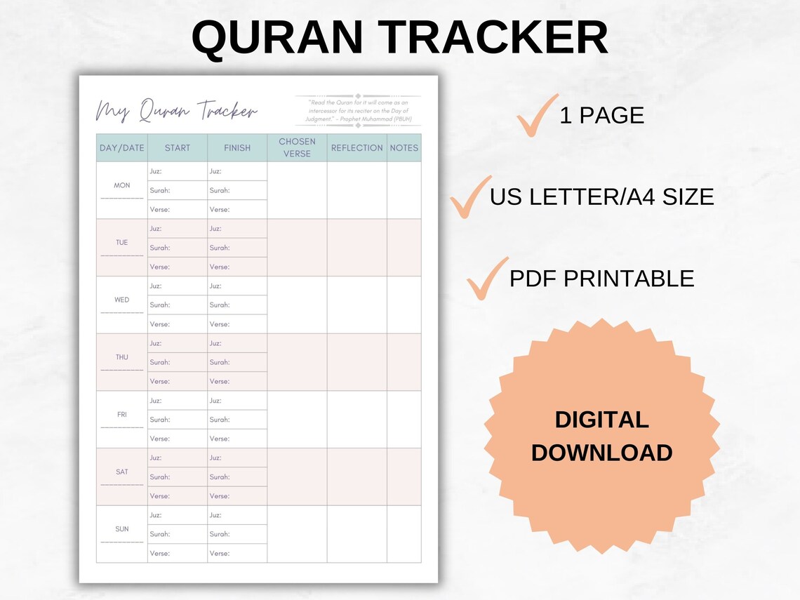 Quran Tracker Printable, Quran Journal, Quran Planner, Islamic Journal ...