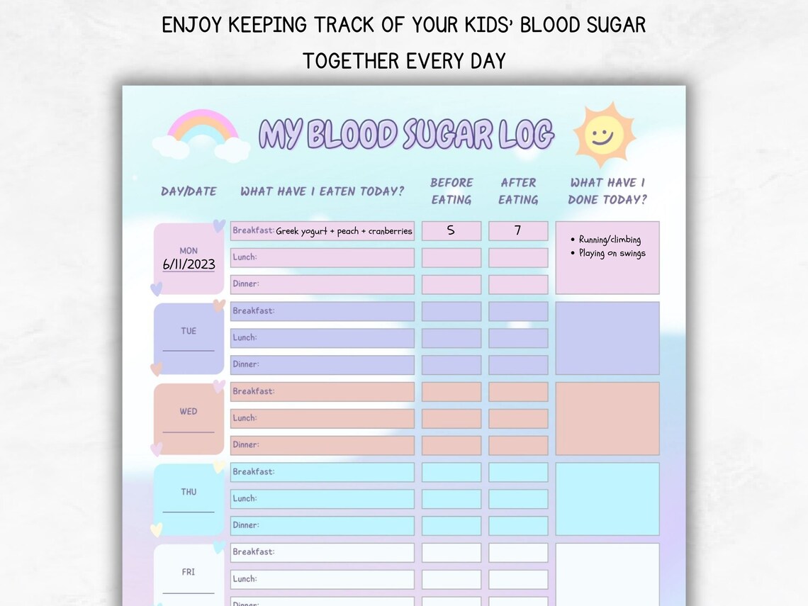 Blood Sugar Log for Kids Printable, Children Blood Sugar Tracker, Kids ...