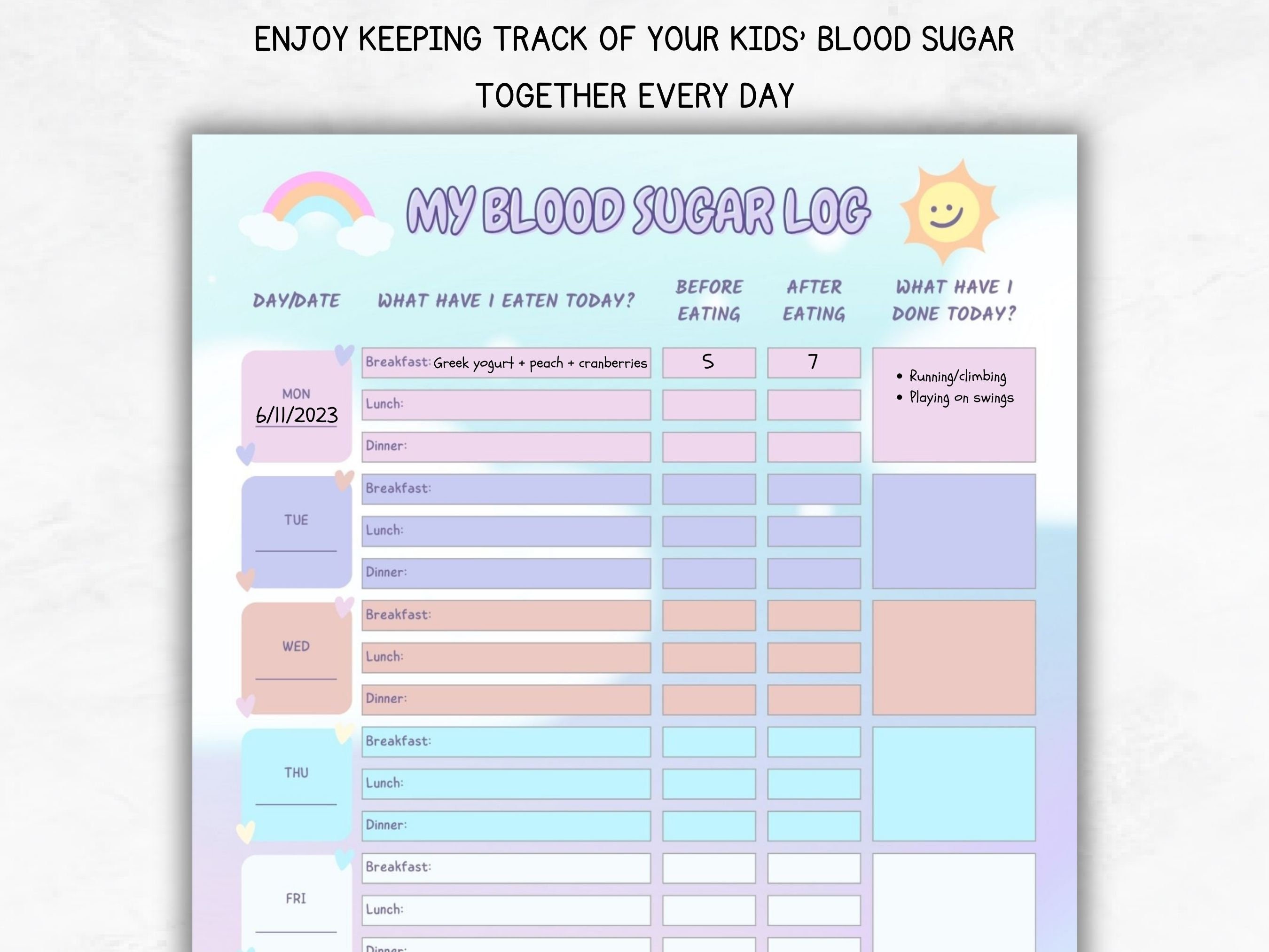Blood Sugar Log for Kids Printable, Children Blood Sugar Tracker, Kids ...