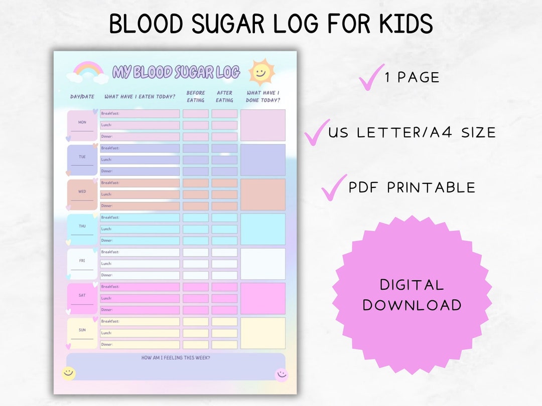 Blood Sugar Log for Kids Printable, Children Blood Sugar Tracker, Kids ...