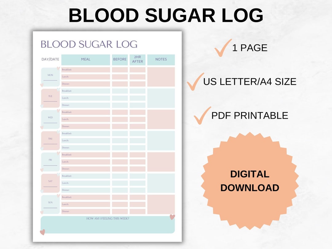 Blood Sugar Log Printable, Blood Sugar Tracker, Diabetes Log, Glucose ...