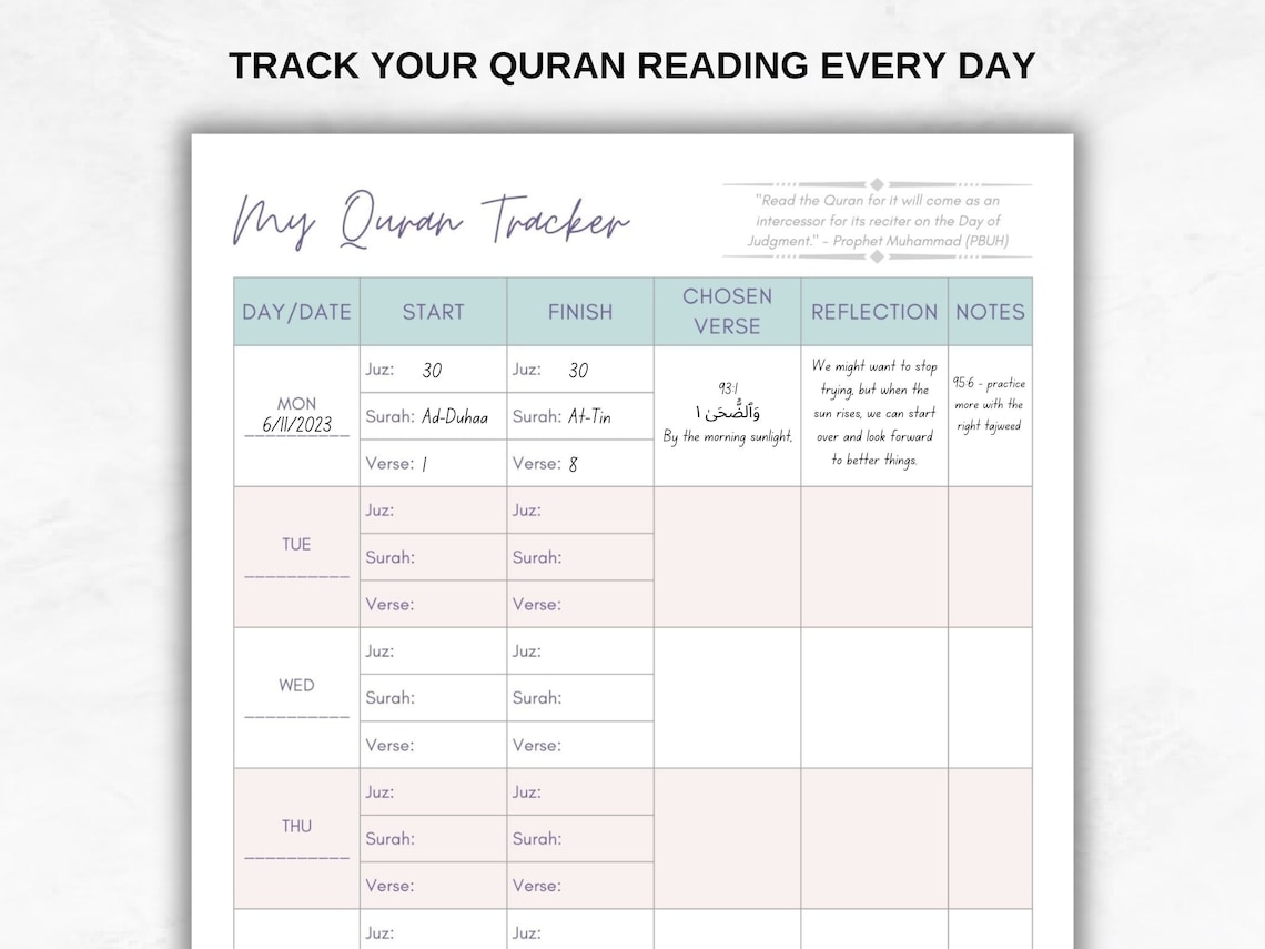 Quran Tracker Printable, Quran Journal, Quran Planner, Islamic Journal ...