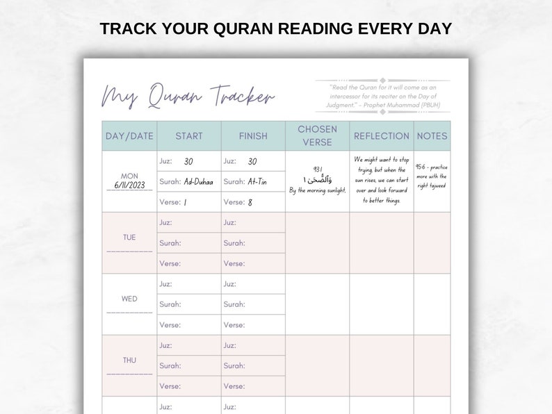 Quran Tracker Printable, Quran Journal, Quran Planner, Islamic Journal ...
