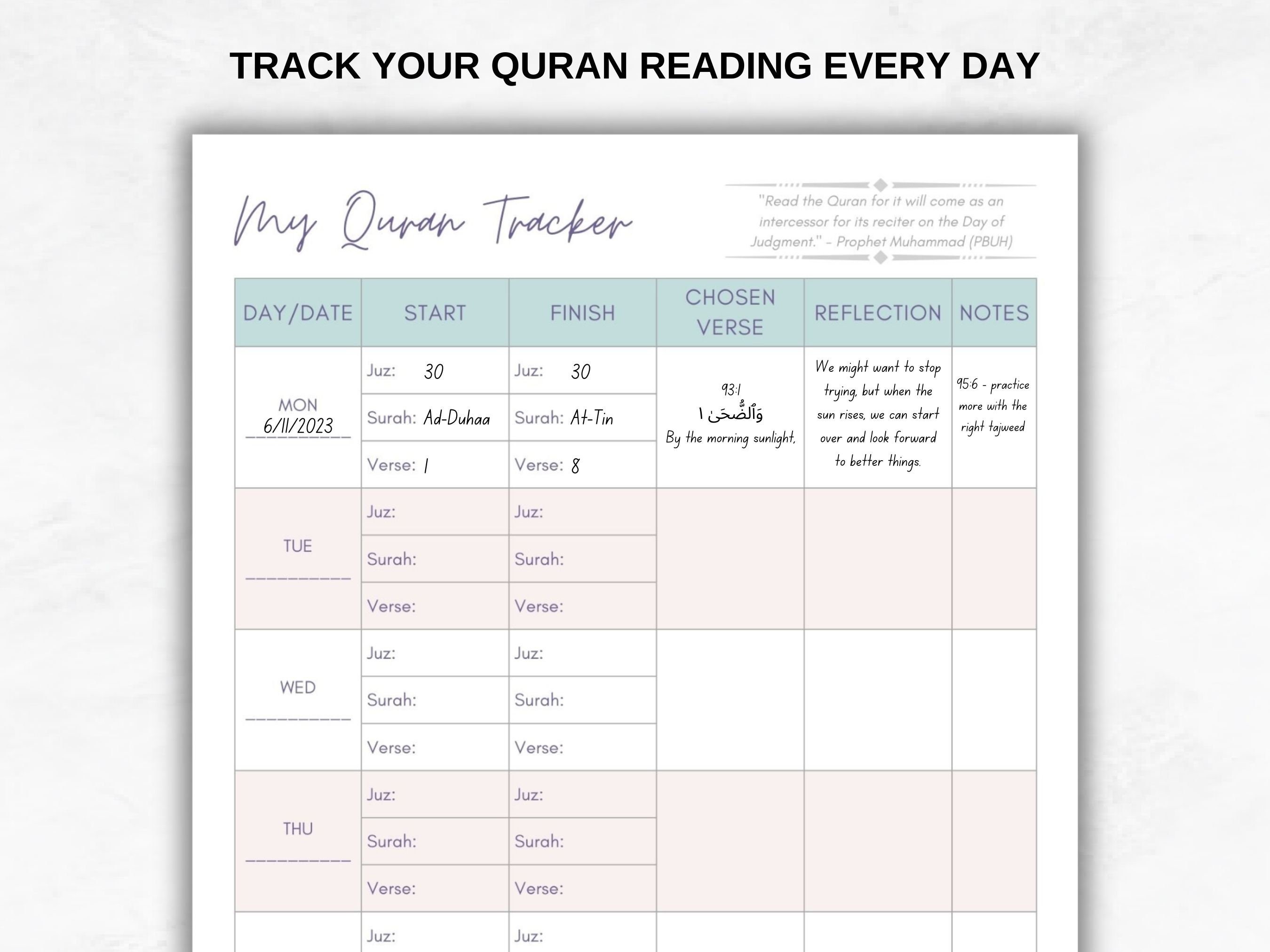 Quran Tracker Printable, Quran Journal, Quran Planner, Islamic Journal ...